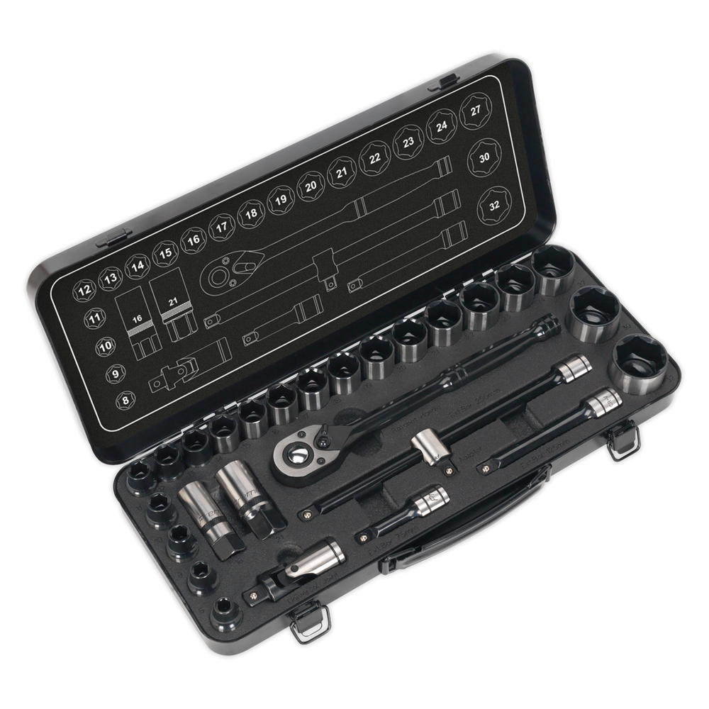 Sealey Premier Black Socket Set 1/2"Sq Drive 28pc
