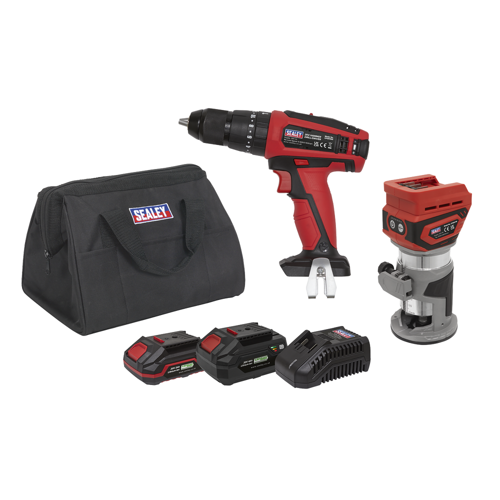 Sealey 2 x SV20 Series Cordless Router & Combi Drill Kit 20V - 2 Batte ...