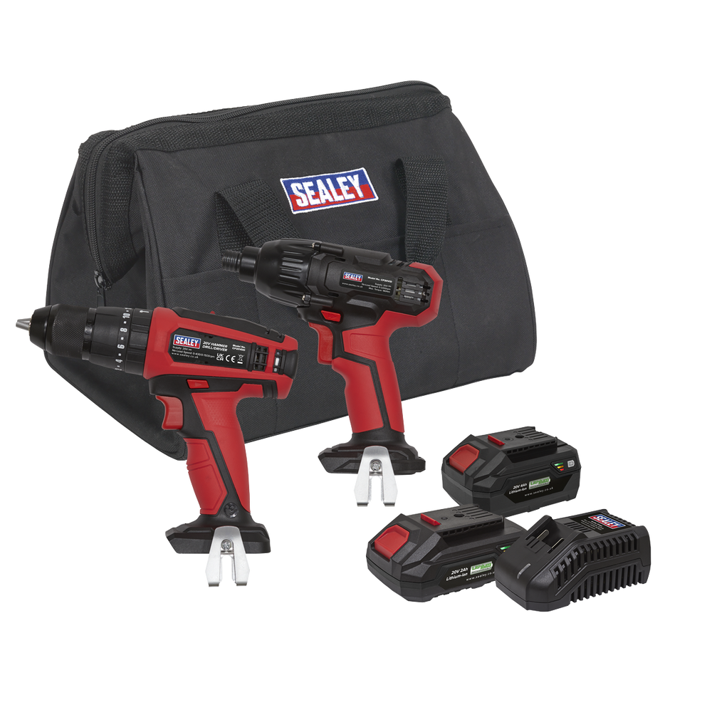 Sealey 2 x SV20 Series Cordless 13mm Combi Drill & 1/4"Hex Drive Impac ...