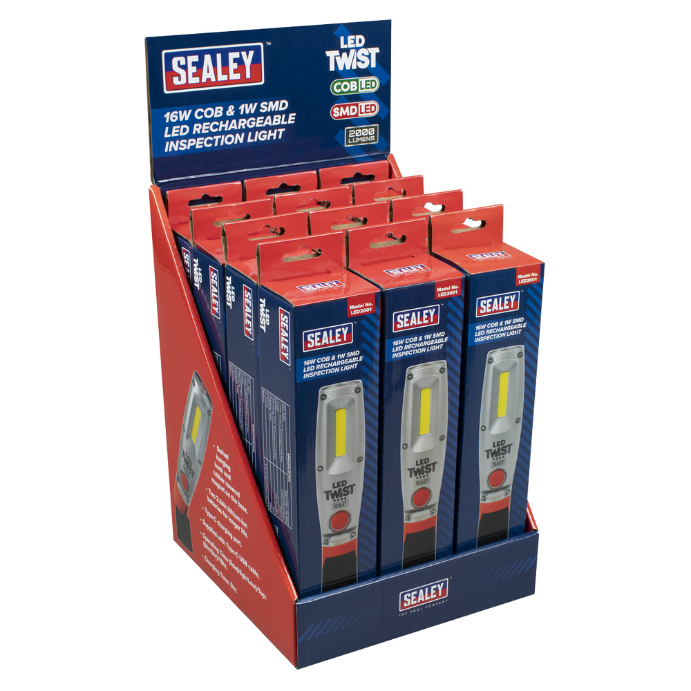 Sealey LED Twist Rechargeable Inspection Light 16W COB & 1W SMD - Disp