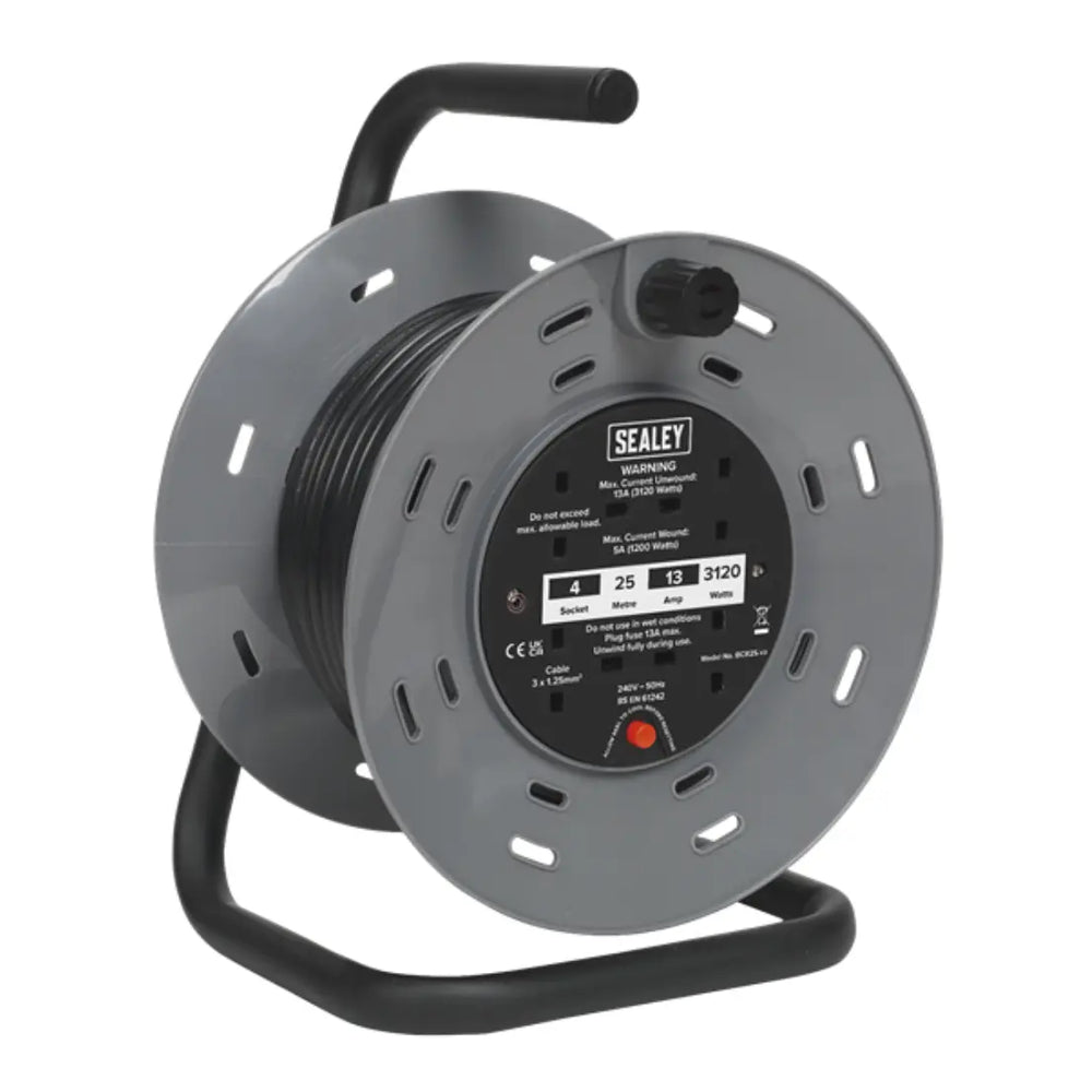 Sealey 25m Cable Reel with Thermal Trip 4 x 230V (RCD Plug)