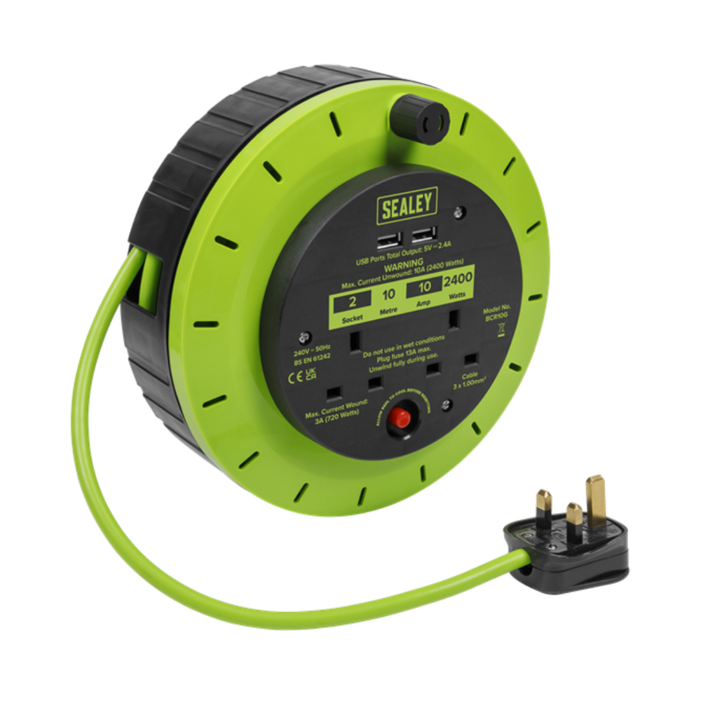 Sealey 10m Cassette Type Cable Reel with Thermal Trip 2 x 230V & 2 x U